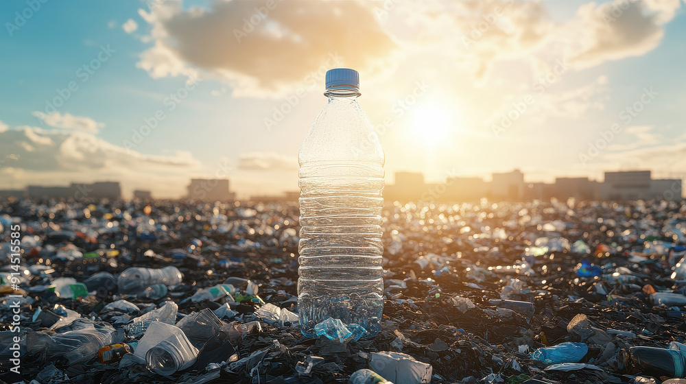 A stark image depicting a plastic water bottle standing amidst a vast ...