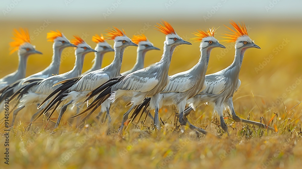 Secretary Birds Sagittarius serpentarius striding across savanna ...