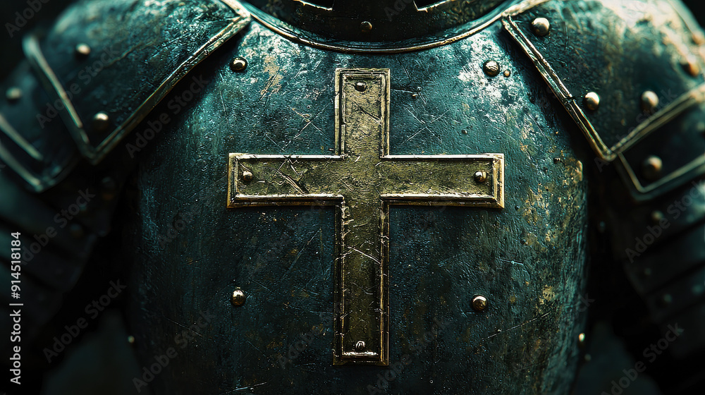A detailed close-up of a knight's armor showcasing a prominent cross ...