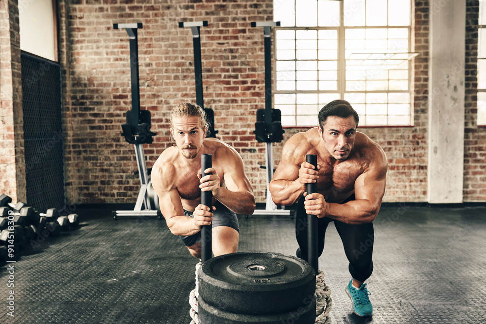 Men, sled and training in gym for workout, fitness and muscle growth ...