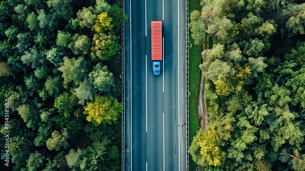 Highway traffic with truck and car driving amidst dense trees, top-down ...