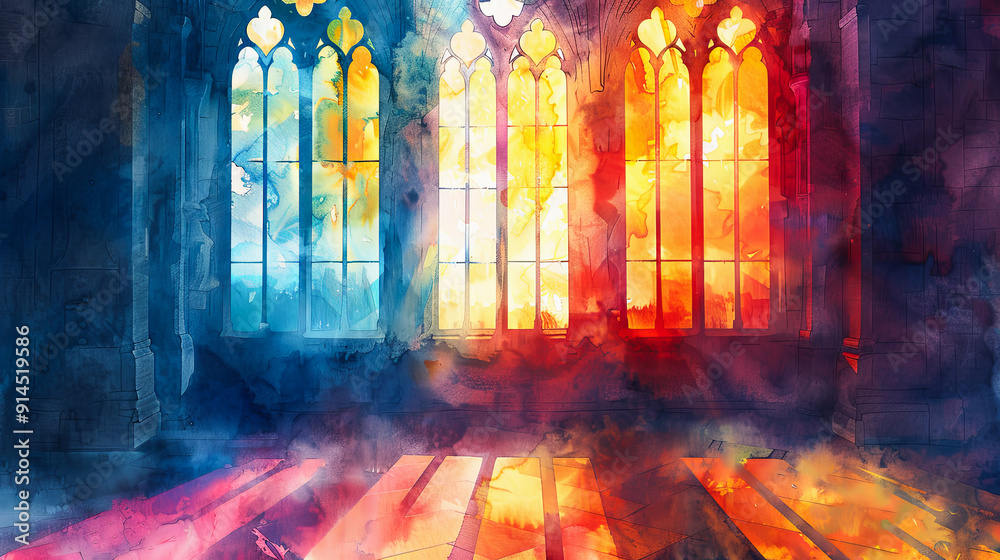 Colorful illustration abstract gothic architecture watercolor painting ...