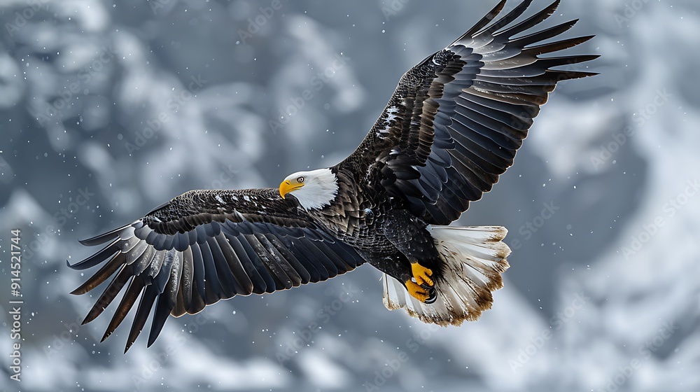 Steller's Sea Eagle Haliaeetus pelagicus soaring over frigid water of ...