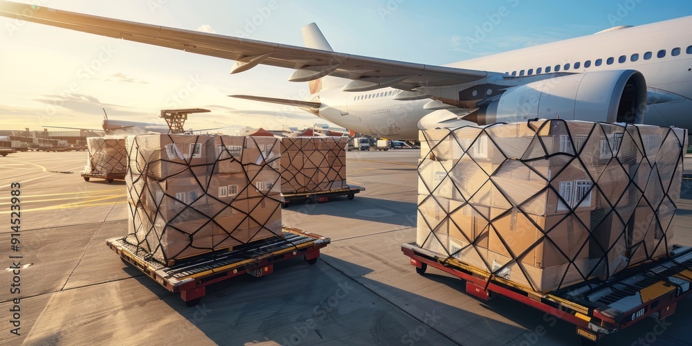 Air cargo plane logistic containers are loaded onto an airplane. Air ...