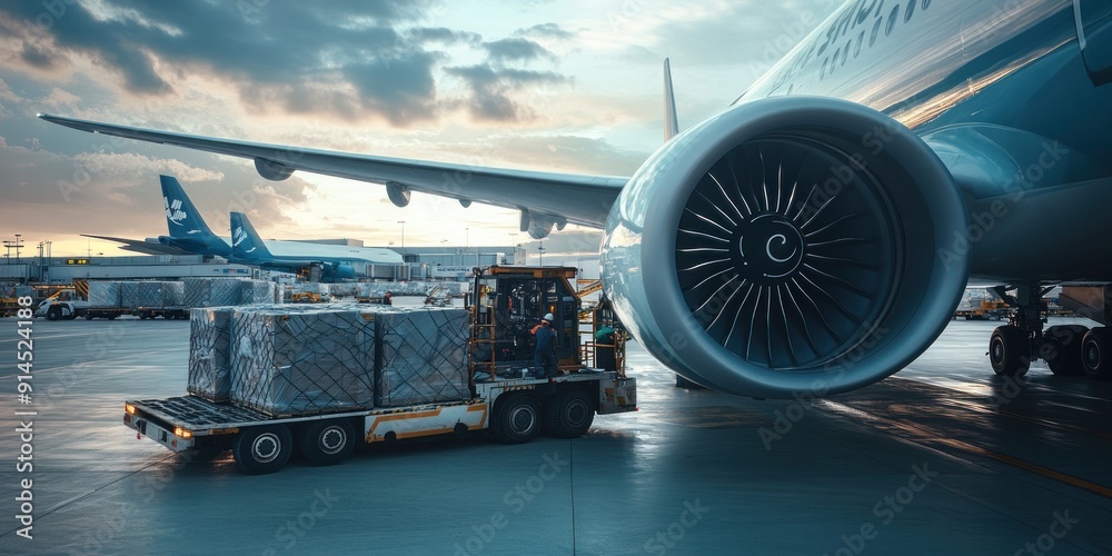 Air cargo plane logistic containers are loaded onto an airplane. Air ...