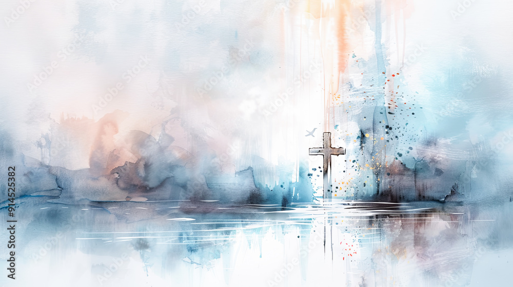 Abstract watercolor painting of Christian cross religion symbol faith ...