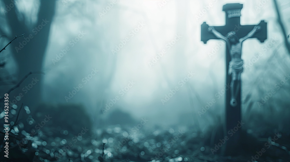Old crucifix stands in foggy forest Cemetery death mourning religion ...