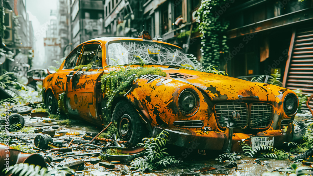 Concept: after the apocalypse. The yellow car is broken, tree branches ...