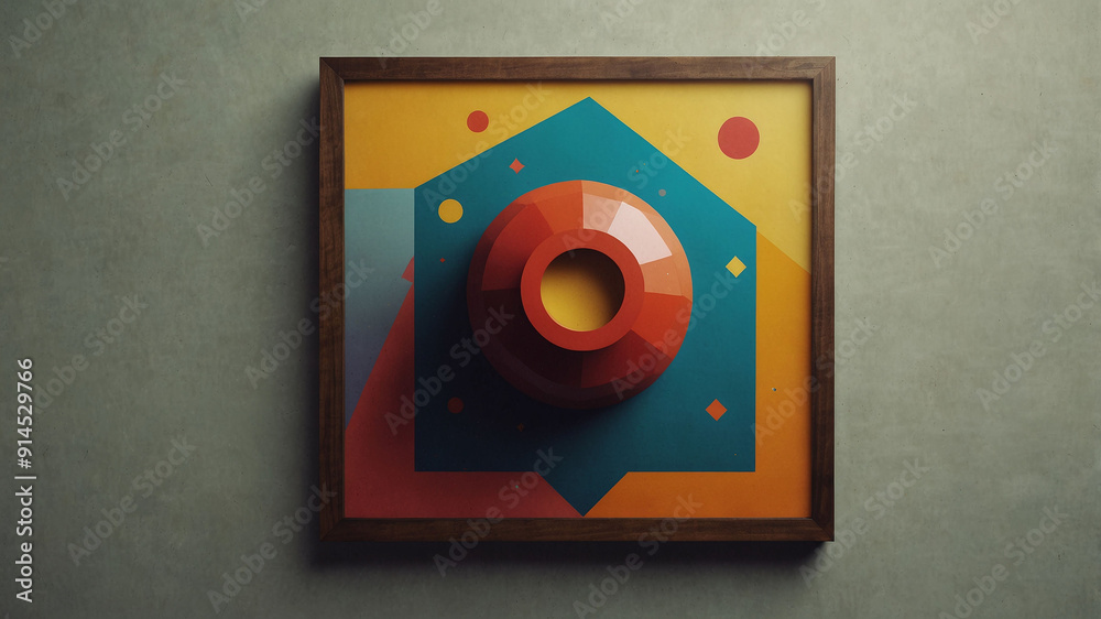 Colorful Abstract 3D Geometric Art in Wooden Frame on Textured Wall ...