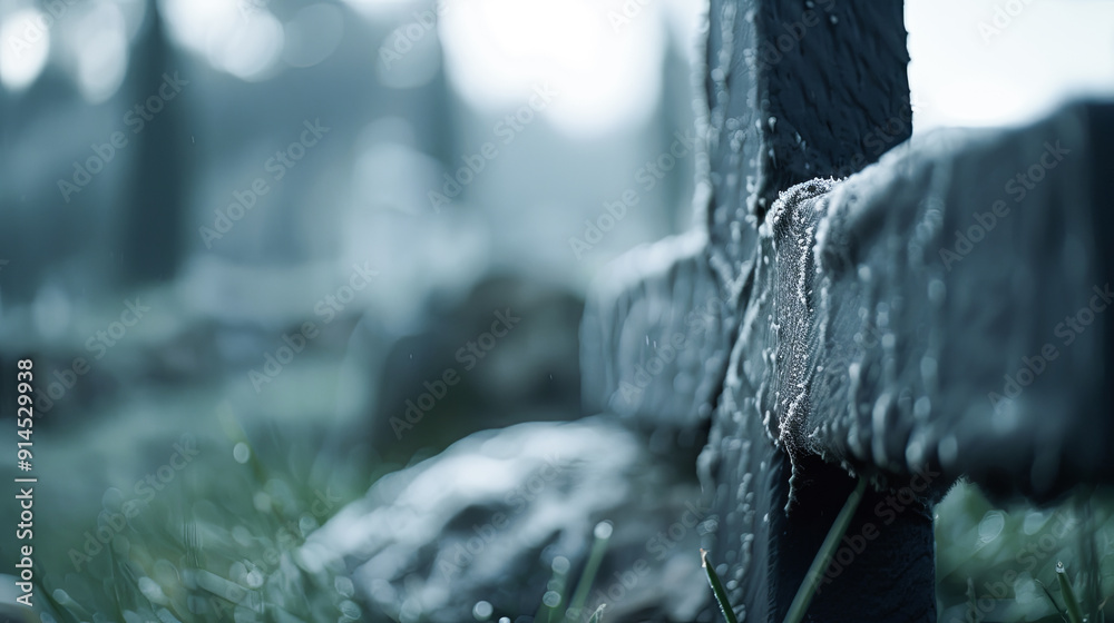 Frosted wooden cross in cemetery winter death grief memorial graveyard headstone religion ...