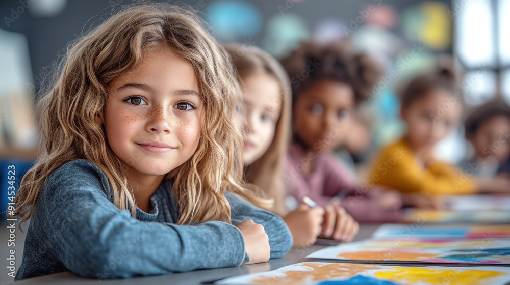 Smiling Caucasian girl with wavy blonde hair and freckles sitting in an ...