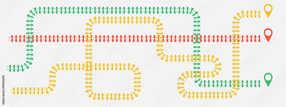 Railroad infographic with 3 track options. Red, yellow, green. Train or ...