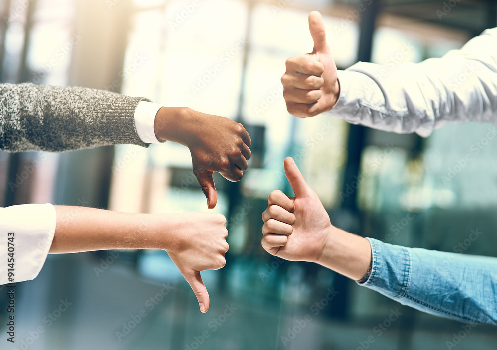 Hands, rejection and business people with thumbs up for vote, decision ...