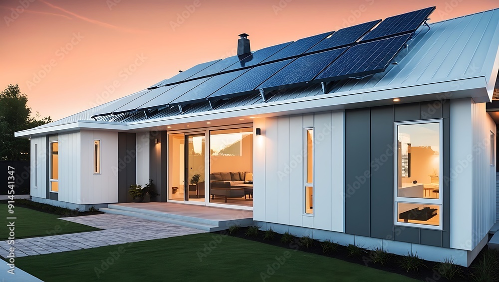 Modern, single-story house with a minimalist design. The house has a ...