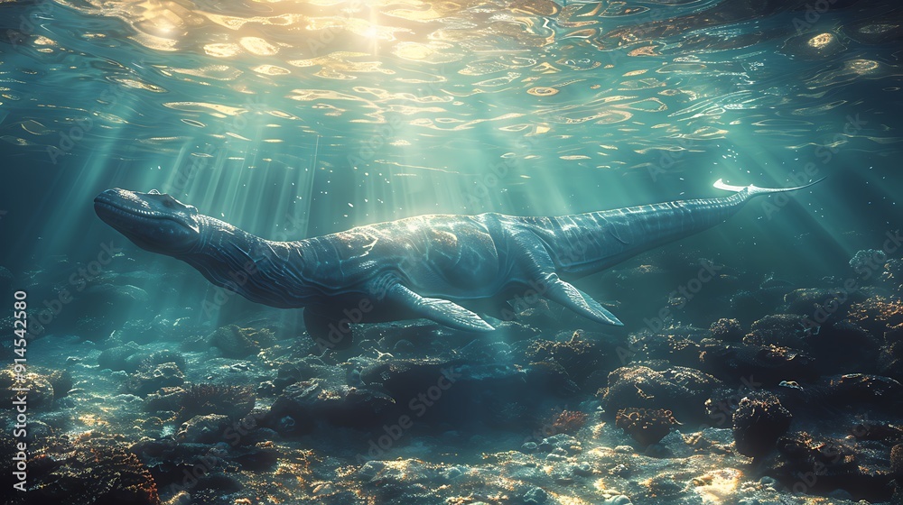 Surreal underwater tableau featuring majestic Elasmosaurus gliding ...