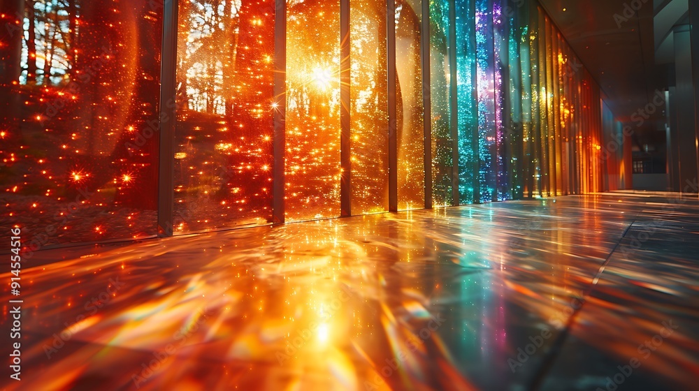 Beam of light refracting through a prism splintering into a spectrum of ...