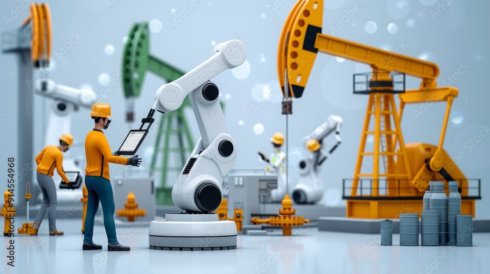 Engineers program robots in an oil field, with drilling rigs and ...