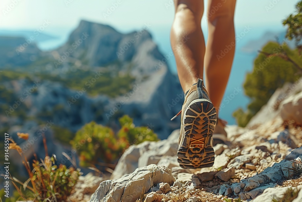 Hiking in the mountains. Female legs with sports shoes and backpack ...