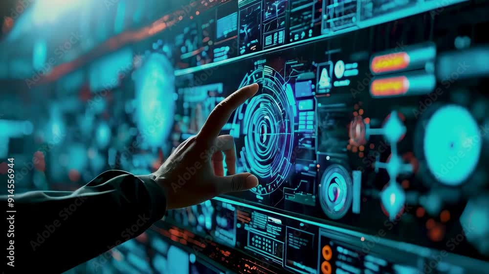 A young adult's hand interacts with a high-tech touchscreen interface ...