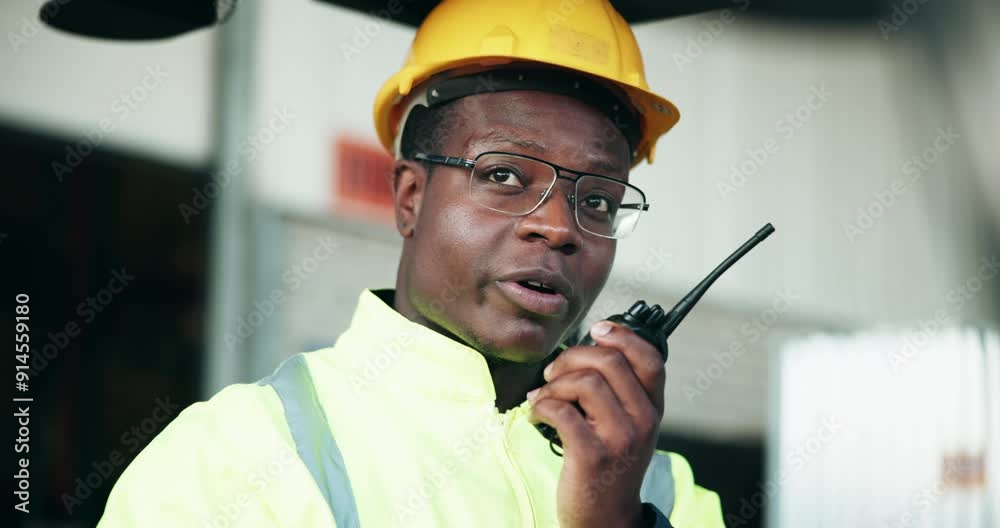 Radio, construction and black man talking for communication, inspection and maintenance ...