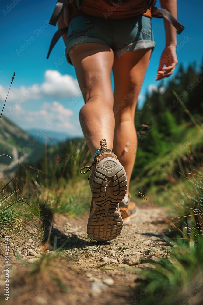 Hiking in the mountains. Female legs with sports shoes and backpack ...