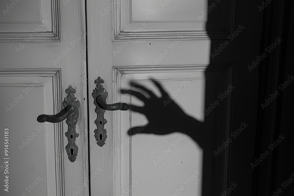 Shadow hand opening the door horror scary spooky Halloween background. Stock Illustration ...