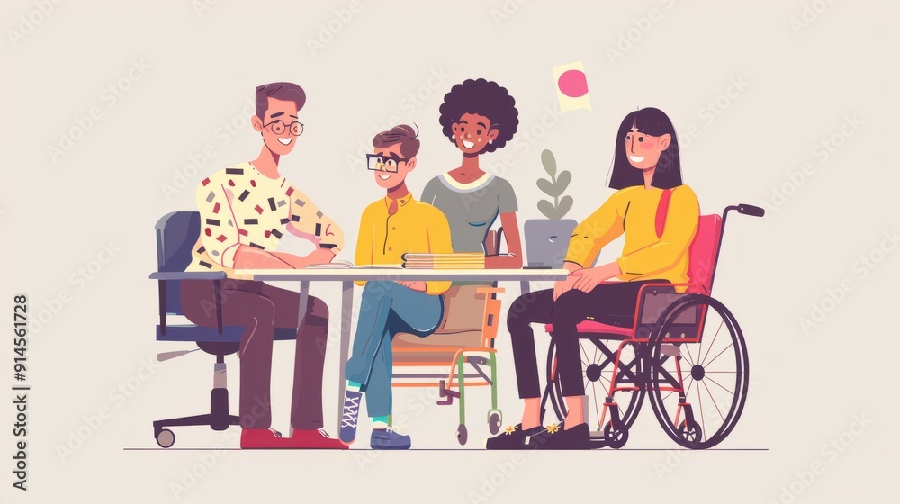 Inclusion, disability, woman man girl boy people working, wheelchair ...