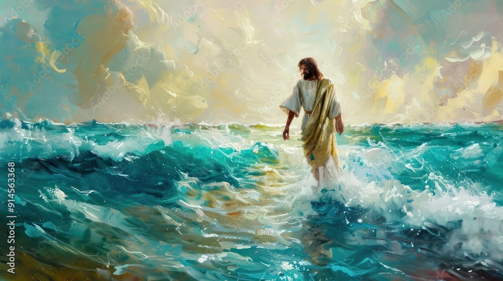 Vibrant portrait of Jesus walking on water in a Christian painting ...