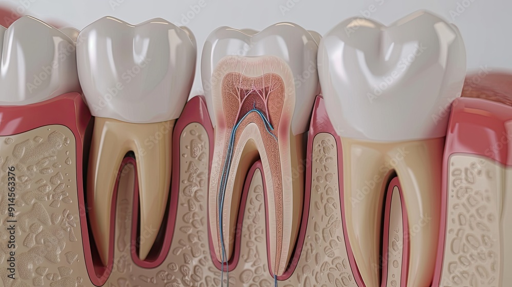 A close-up image of a cross-section of a human tooth, showing the ...