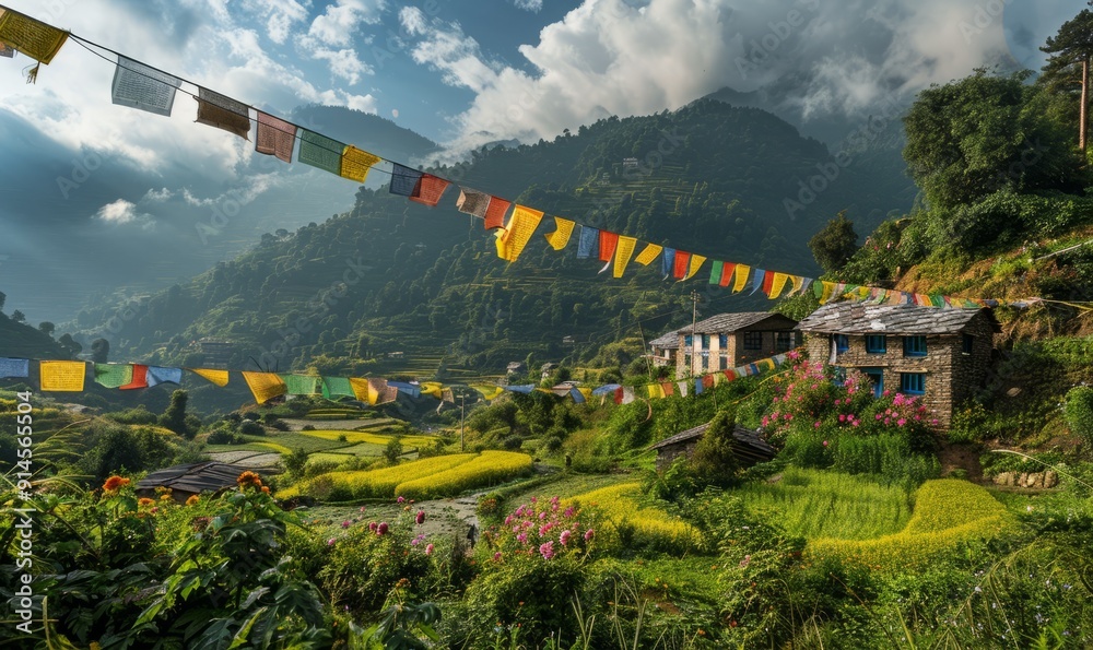 Colorful prayer flags over Himalayan high altitude village and fields ...