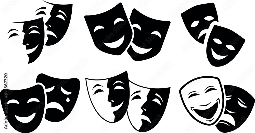 Theater mask great set collection clip art Silhouette. entertainment actor performance mask ...