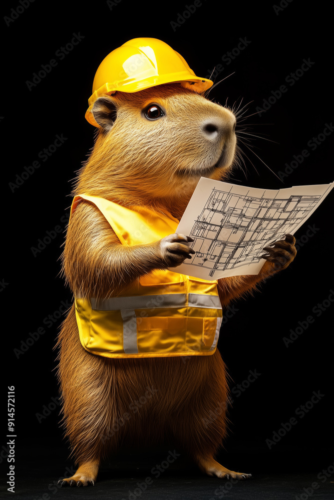 Adorable Capybara Dressed as a Construction Worker Examining Blueprints ...