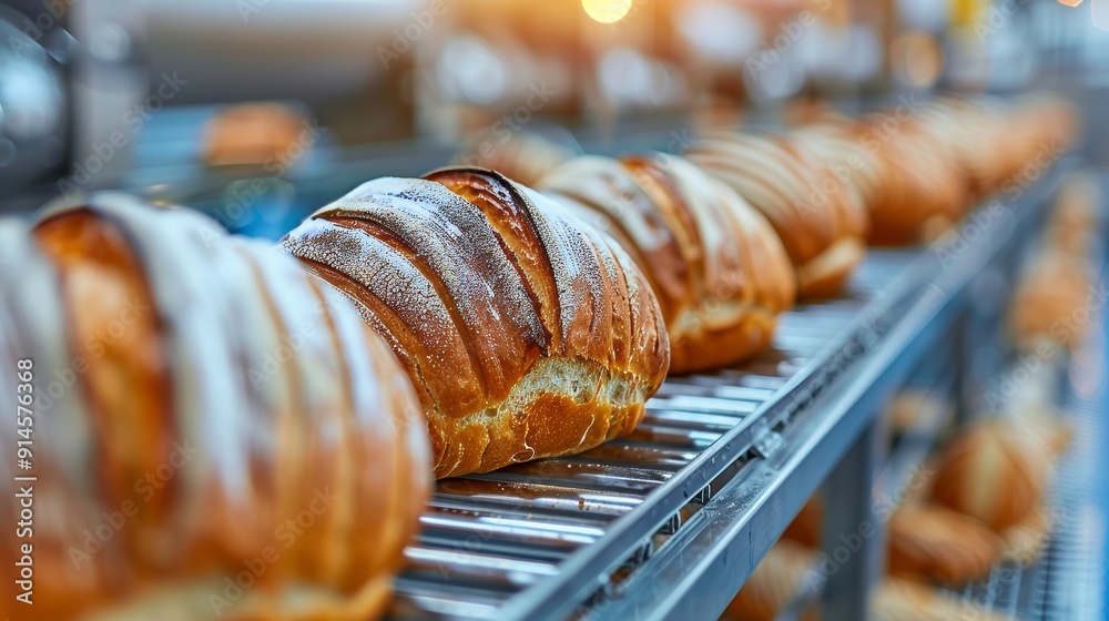 Freshly baked bread loaves on automated line in bakery facility for ...