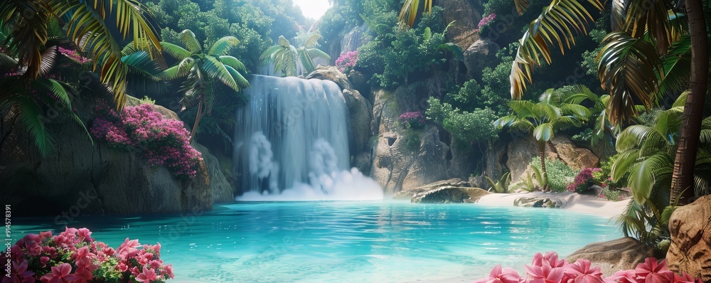 Tropical island paradise with a secluded lagoon and cascading waterfall ...