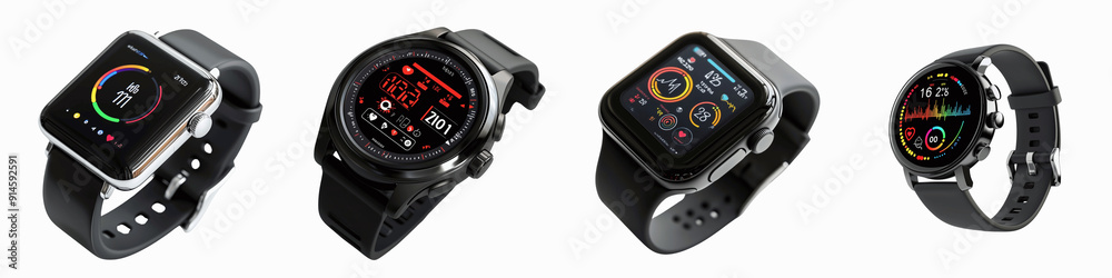 set of A smart watch with a digital clock face and health tracking ...