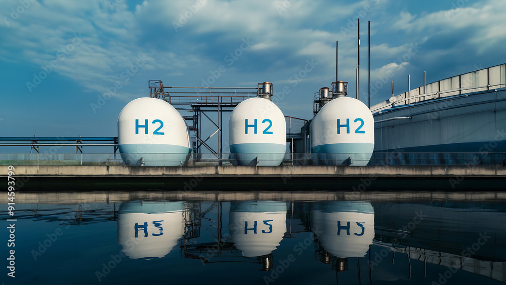 Hydrogen storage tanks at industrial terminal. Clean energy and green ...