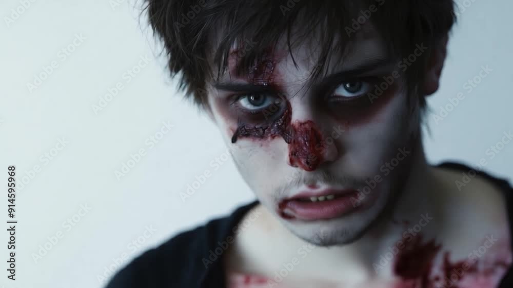 Young man transforms into a terrifying zombie with gory makeup, blood ...