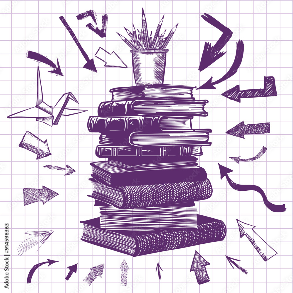Stack of books doodle on checkered paper background, vector ...