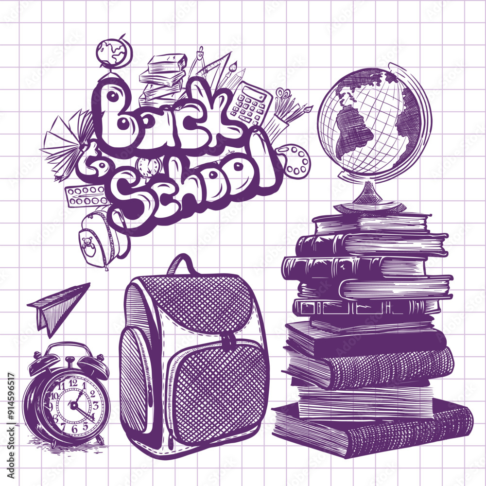 Welcome Back to school banner, doodle on checkered paper background ...