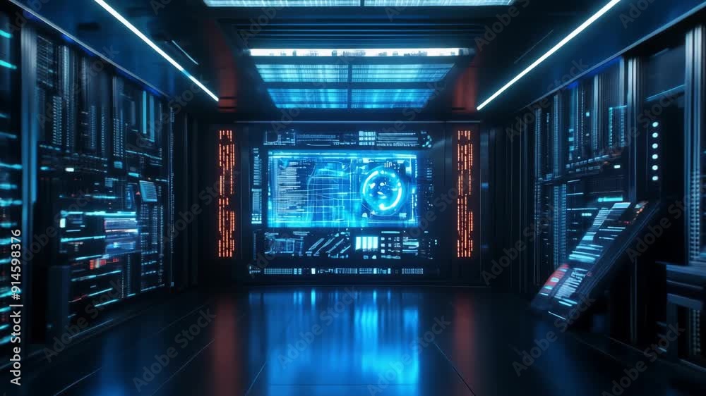 3D animation of a futuristic command center with blue holograms and ...