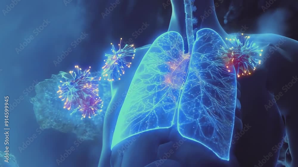 Digital illustration of the human respiratory system showing lungs with ...