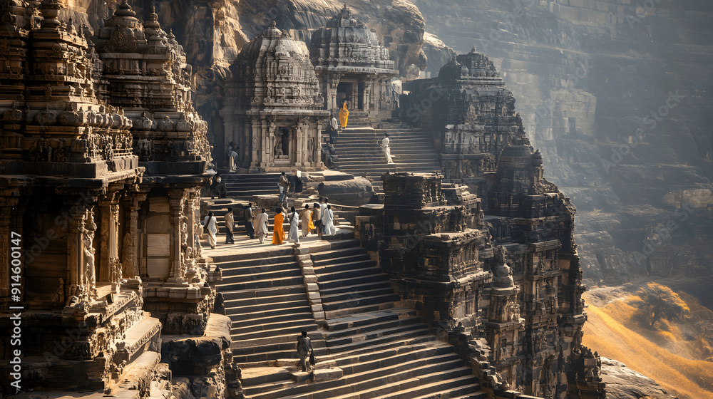 Jain pilgrims ascending steps to Shatrunjaya Hill temples with carved ...