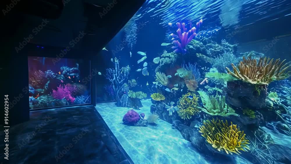 A vibrant coral reef exhibit in a large aquarium features colorful fish ...