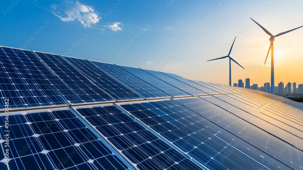 Wind turbines and solar panels in a modern city, representing renewable ...