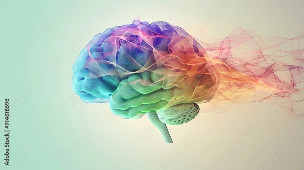 dramatic theme, dissolving brain on the right, intense lighting, bright ...