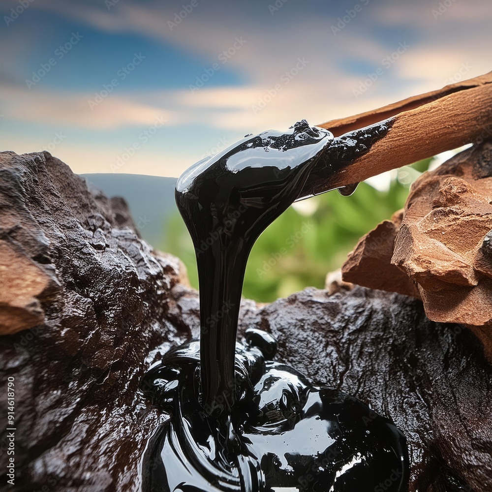 Thick black liquid tar of Shilajit flows down from rocky mountains ...