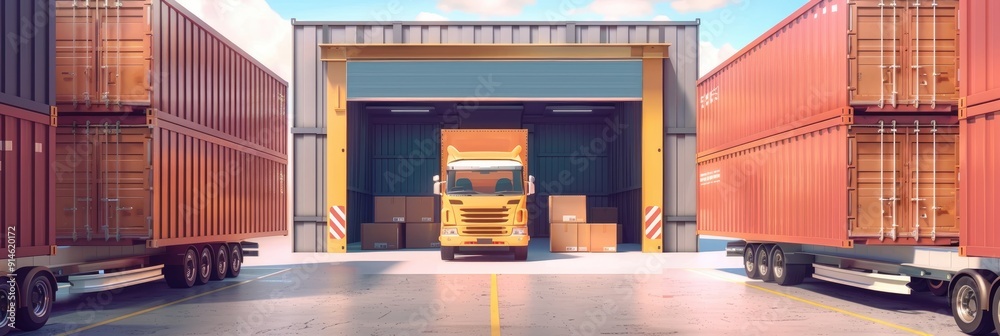 Cargo Container Truck Loading Package Boxes at Warehouse Dock Freight ...