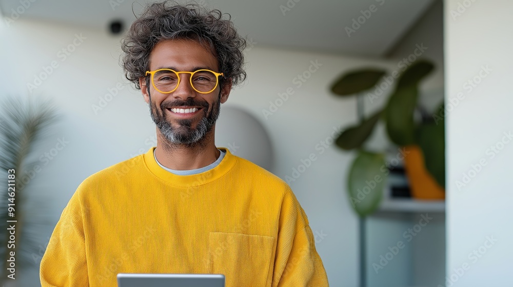 Man using tablet to control smart home devices in modern house with ...