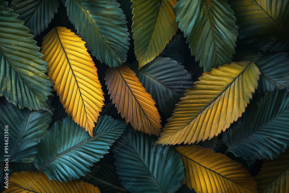 Folhas coloridas e vibrantes sobrepostas com diferentes tons de verde ...