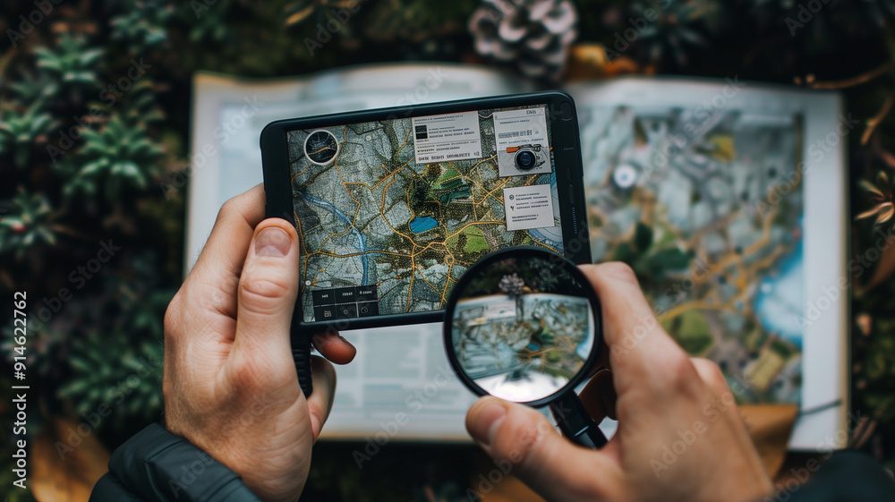 A photo of a person looking at an interactive map on their tablet with ...